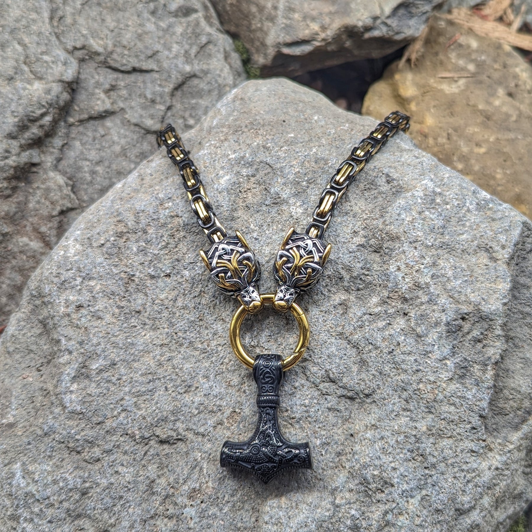 Wolf God Chain w/ Mjolnir (Black + Gold) – Horns of Odin