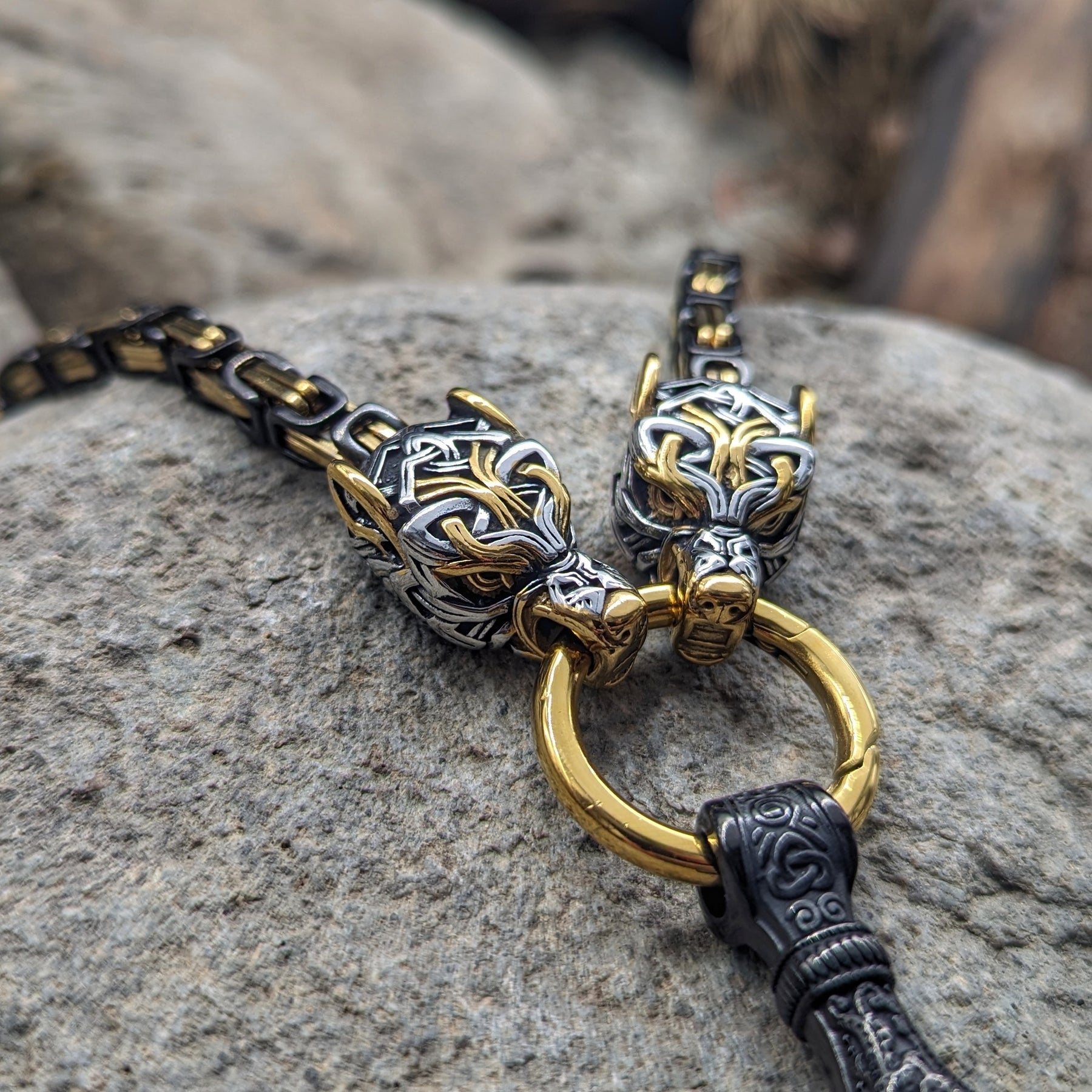 Wolf God Chain w/ Mjolnir (Black + Gold) – Horns of Odin