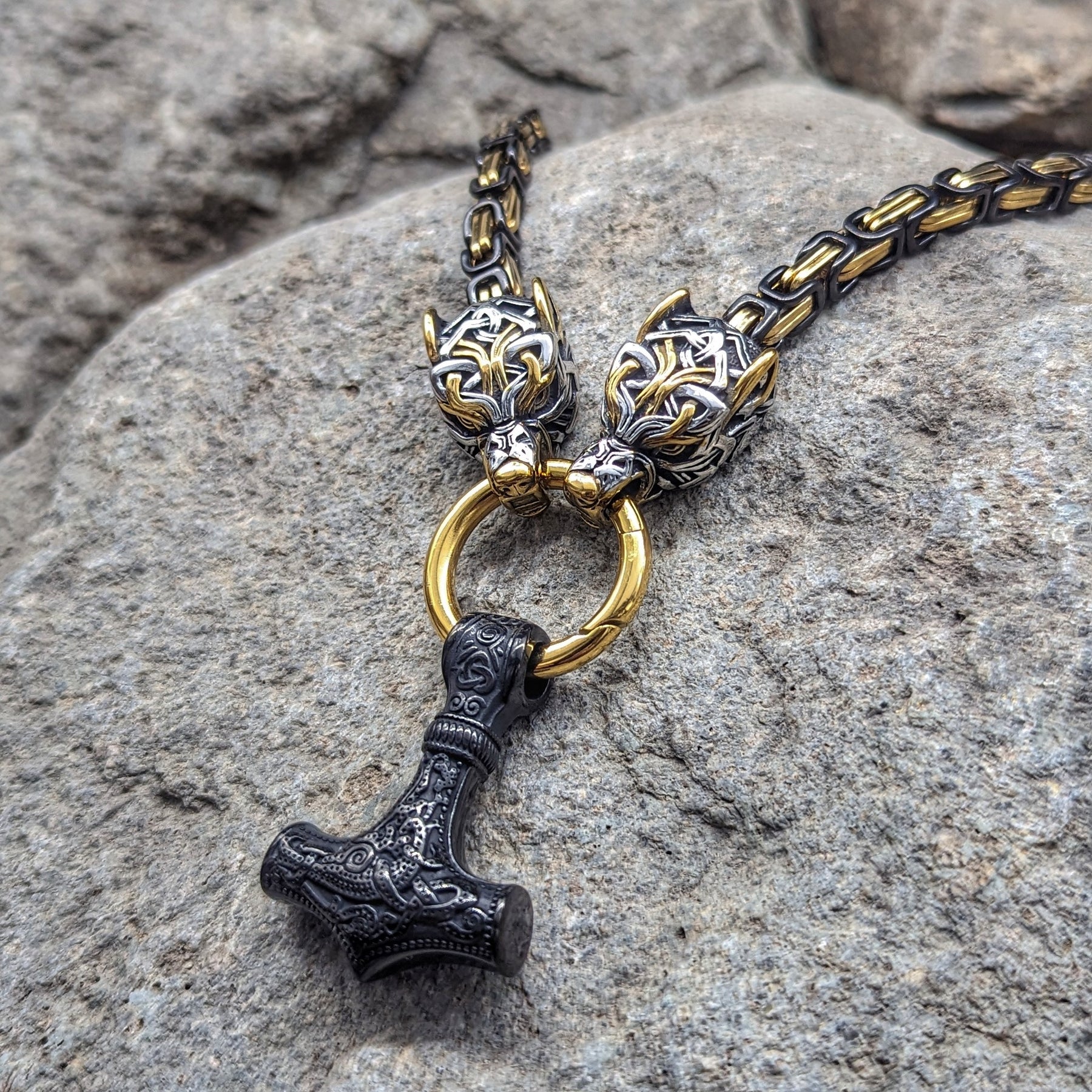 Wolf God Chain w/ Mjolnir (Black + Gold) – Horns of Odin